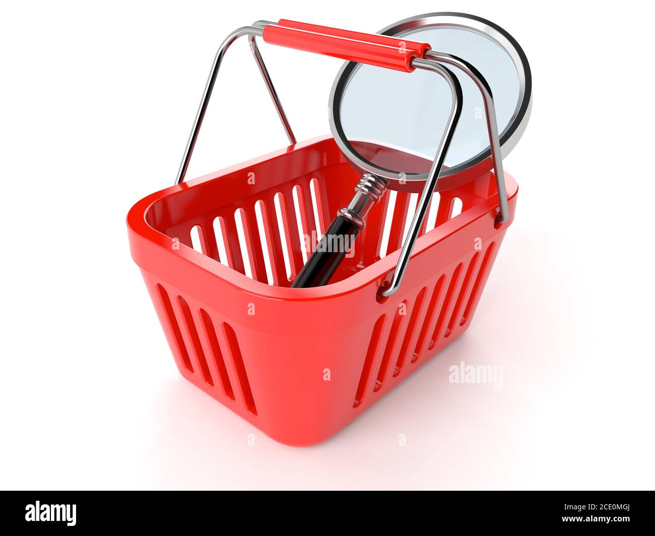 Shopping basket with magnifying glass isolated on white background ...