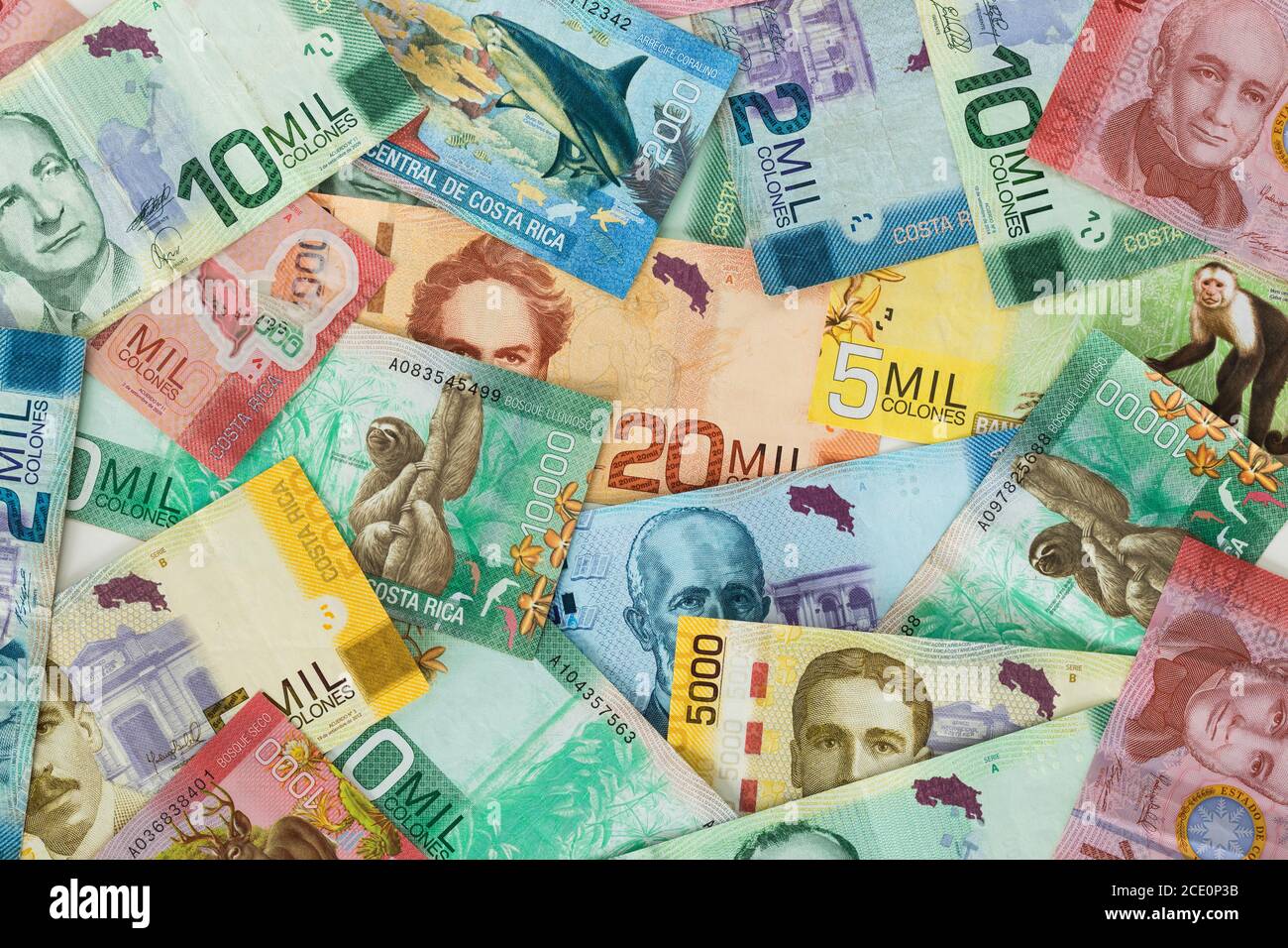 Costa Rica money. All denominations, paper banknotes, scattered on the ...