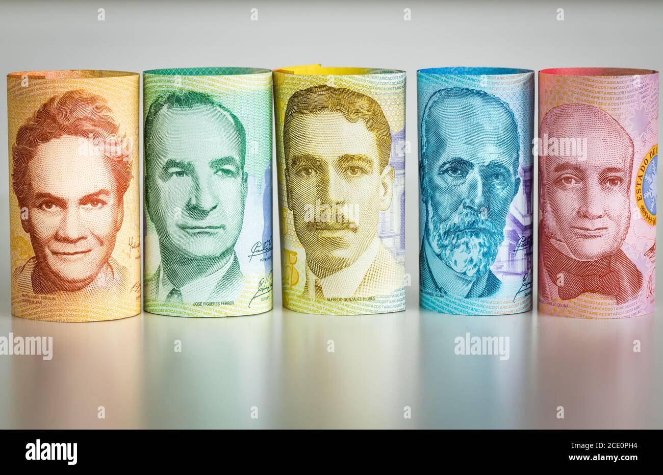 Costa Rica currency. Paper banknotes, all kinds, rolled and lined up ...