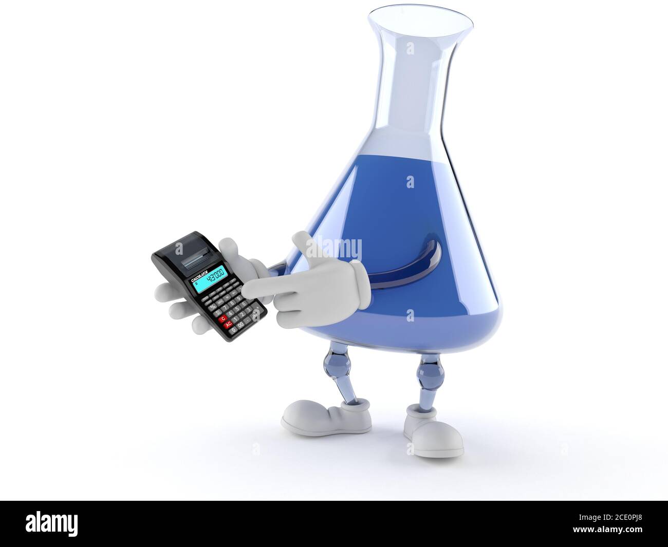 Chemistry flask character using calculator isolated on white background ...