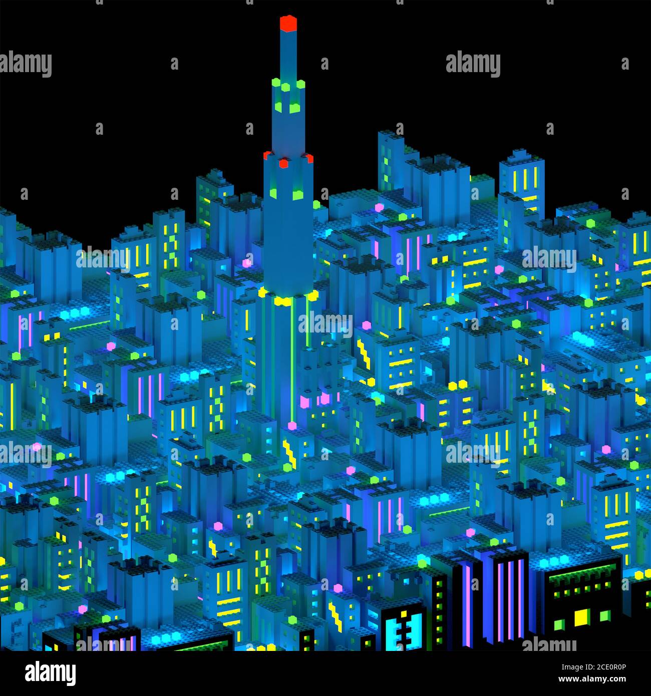 Top view of a neon city skyline made of building-blocks at night with ...