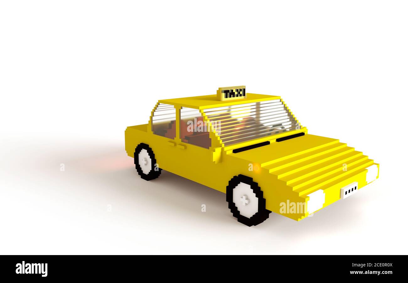 Yellow 3D blocks taxi car on white background. Typical New York cab ...