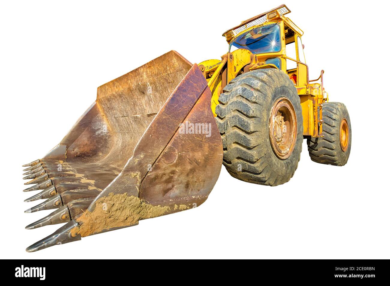 Wide angle and perspective view of heavy and powerful yellow bulldozer ...