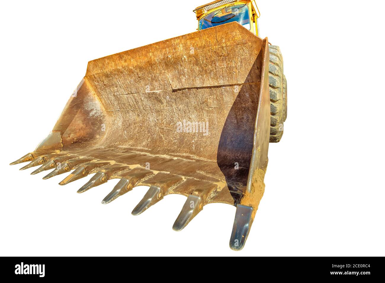 Wide angle and bottom view of yellow bulldozer excavator on wheels for ...