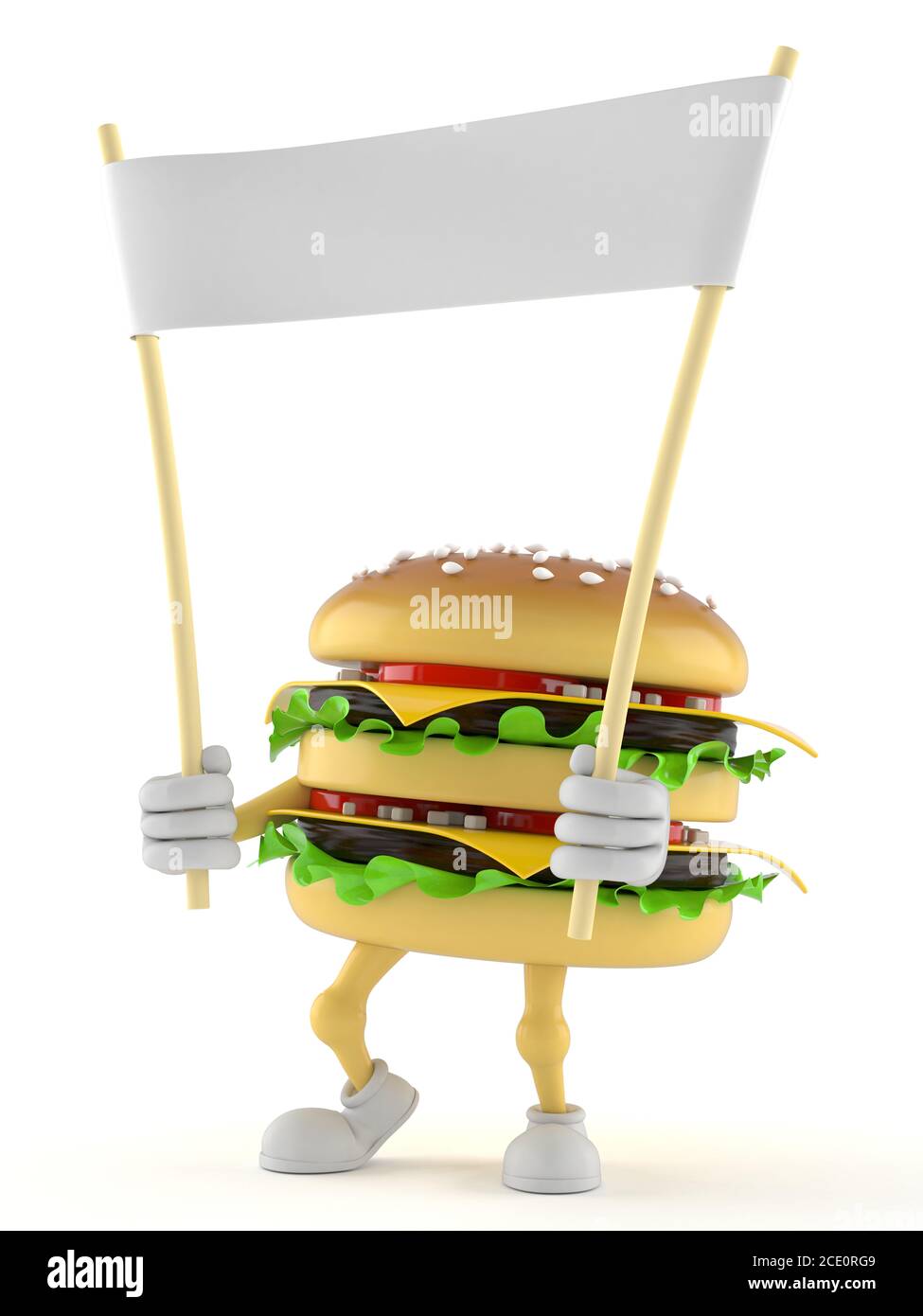 Hamburger character holding banner on white background Stock Photo - Alamy