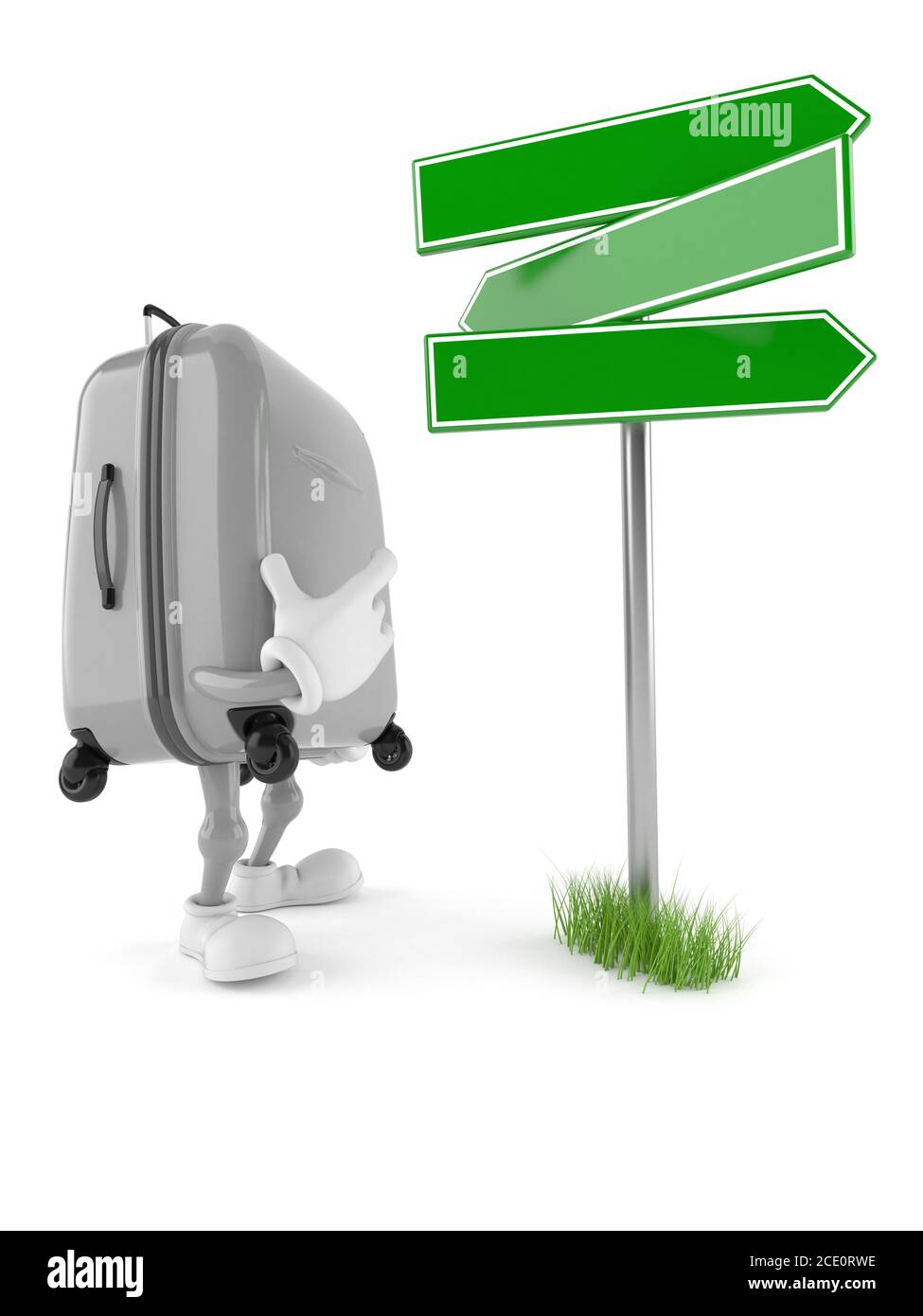 Suitcase toon with road sign isolated on white background Stock Photo ...