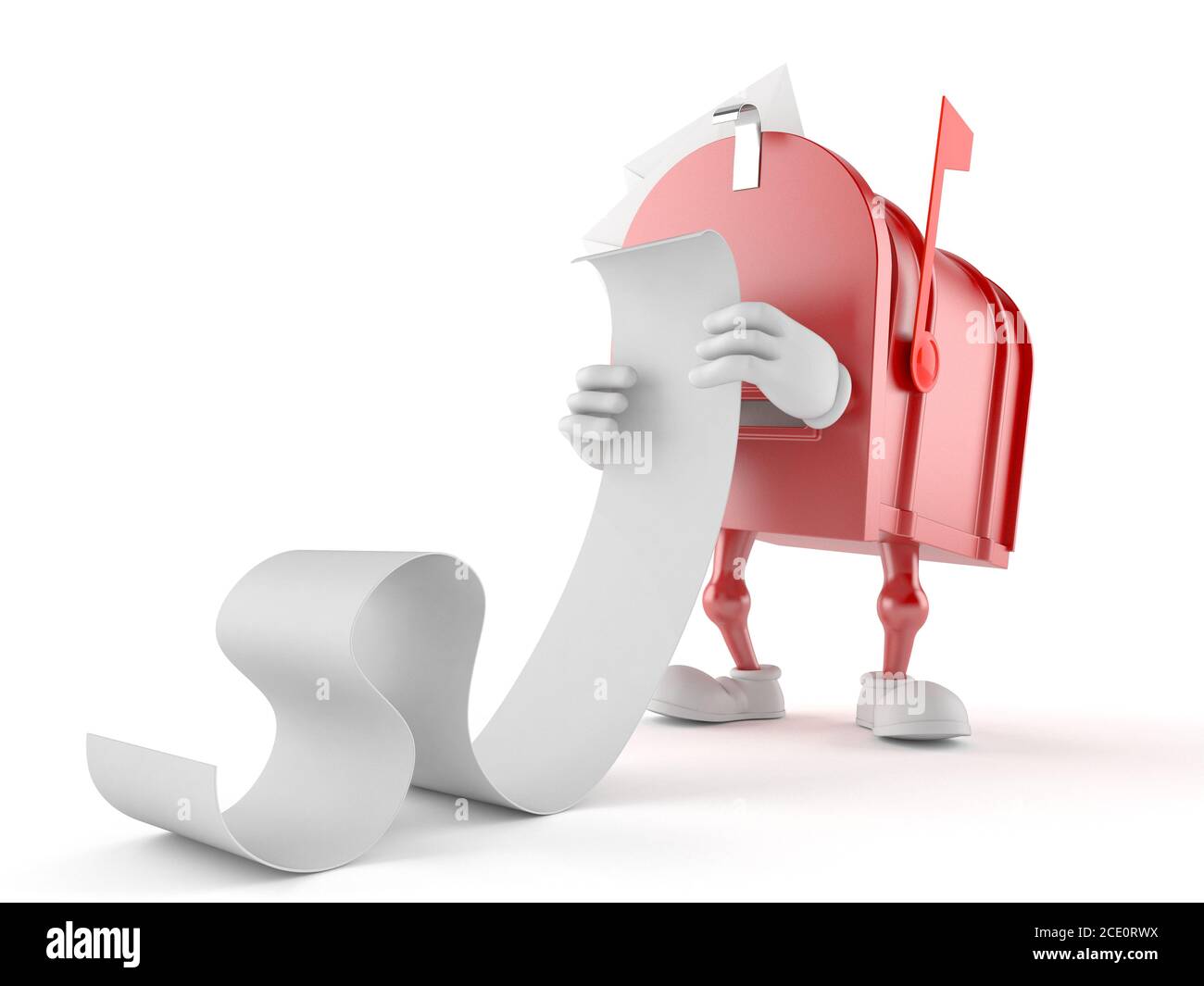 Mailbox character reading long list on white background Stock Photo - Alamy