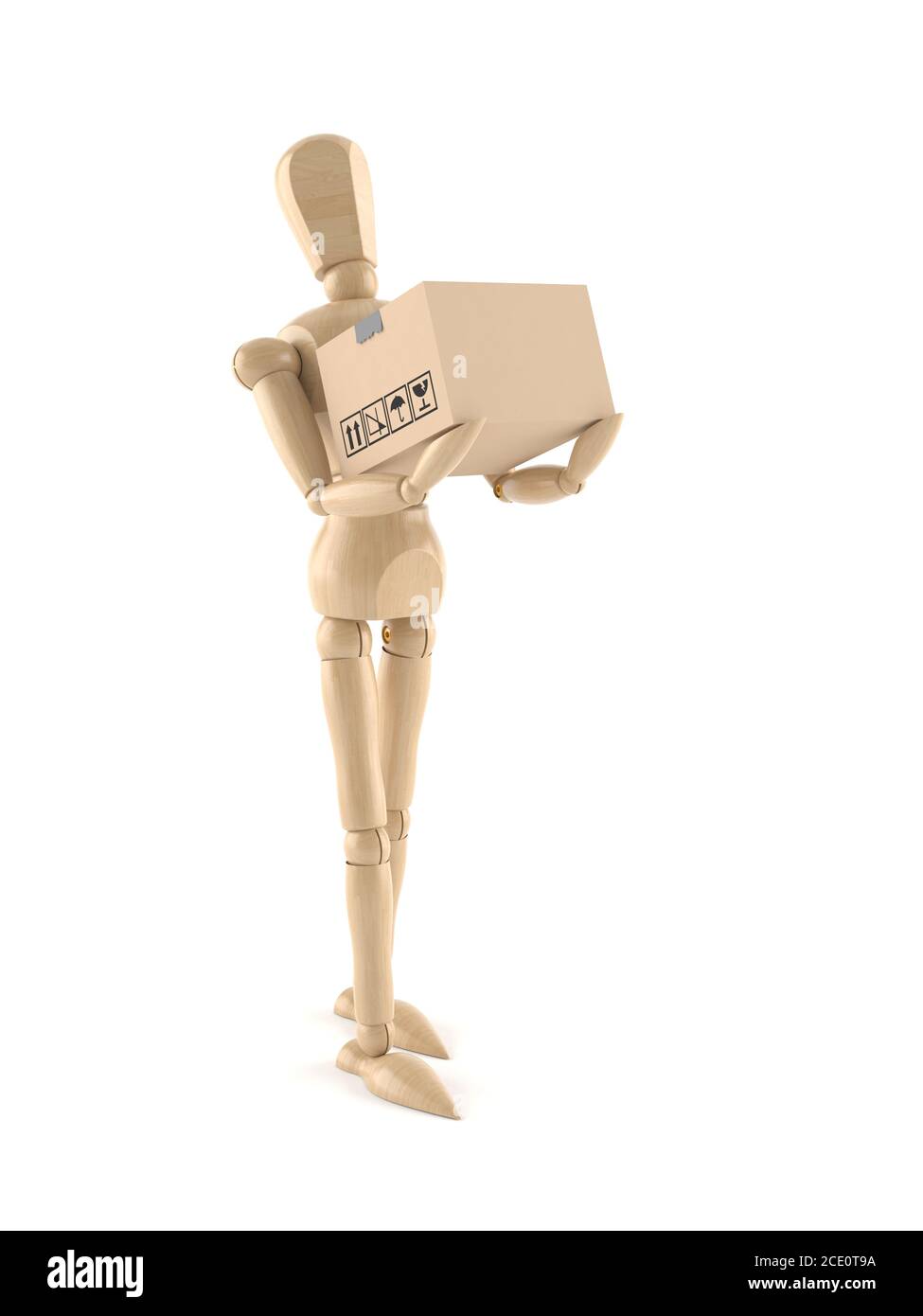 Wooden dummy with package isolated on white background Stock Photo - Alamy