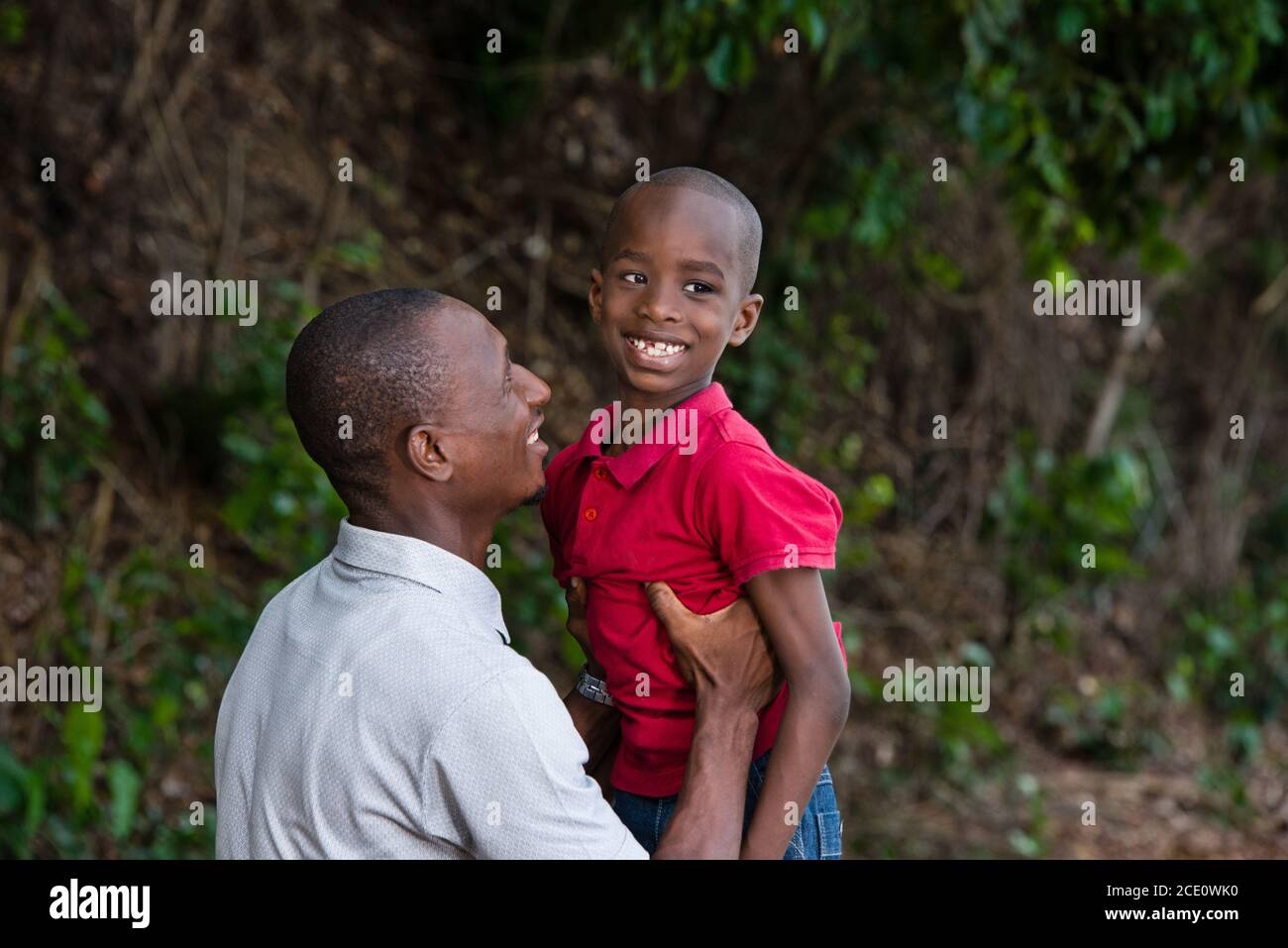 happy family in nature, father and son spending a pleasant time ...