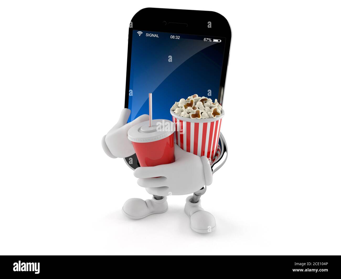 Smart phone character holding popcorn and soda isolated on white ...