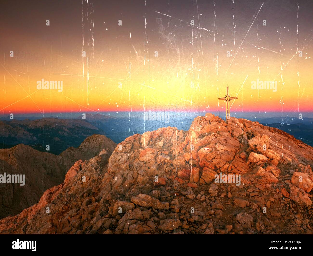 Film effect. Lens flare light, strong effect. Cross on peak of Hoher ...