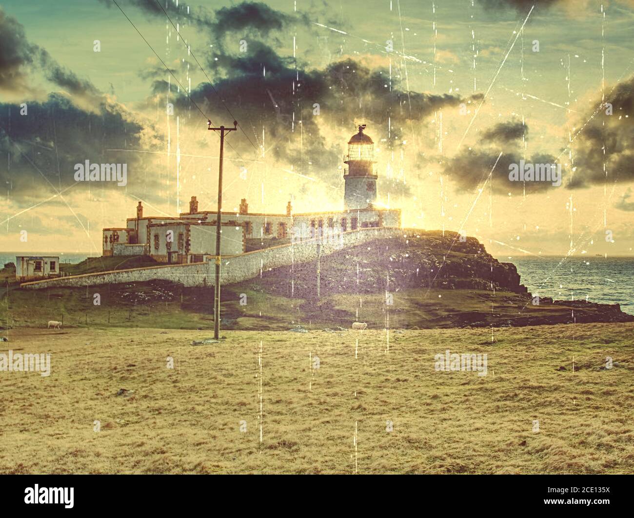 Abstract effect. Old lighthouse, white light tower with building for ...
