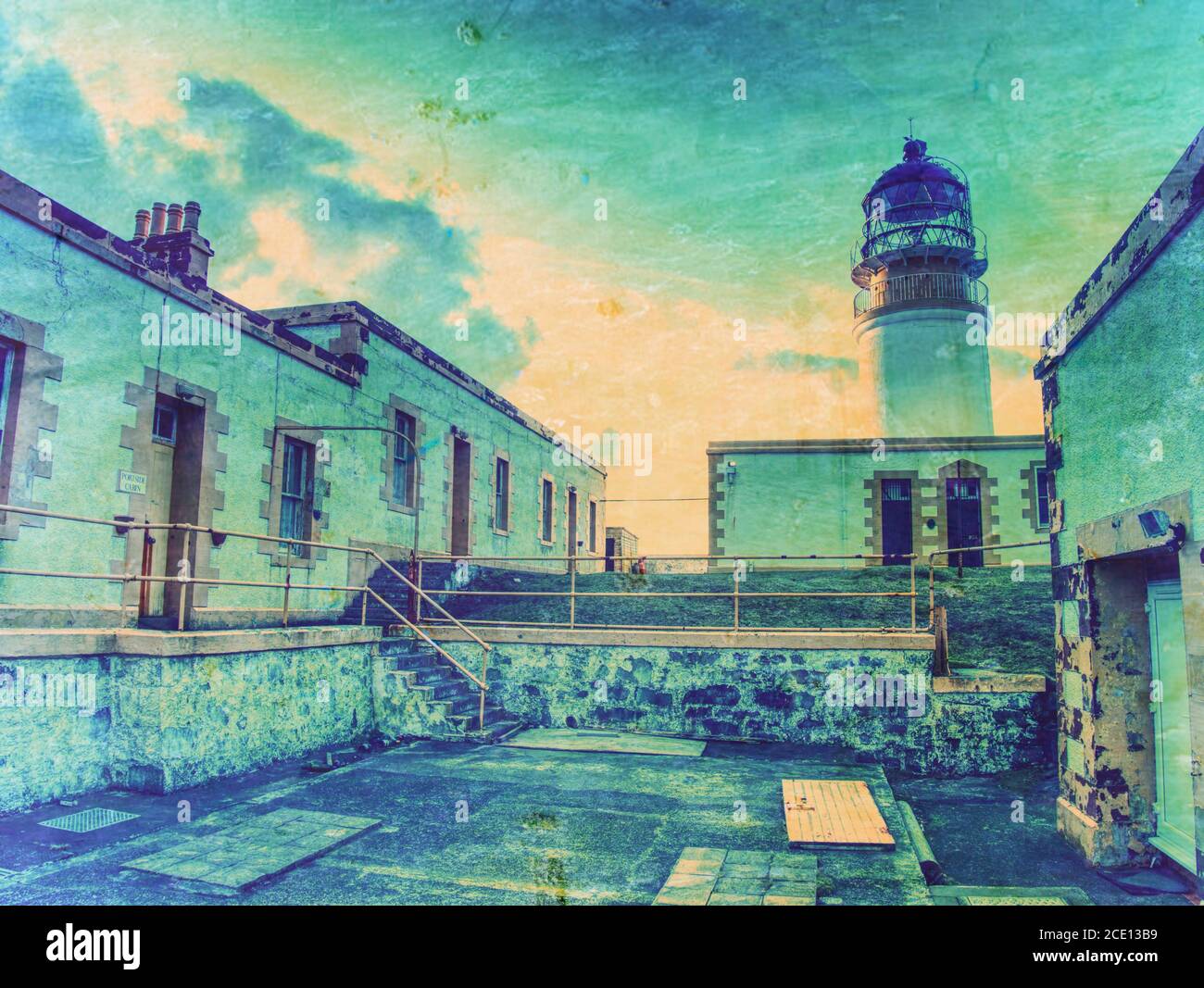 Abstract effect. Old lighthouse, white light tower with building for ...