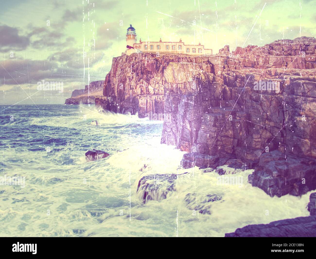 Abstract effect. Old lighthouse, white light tower with building for ...