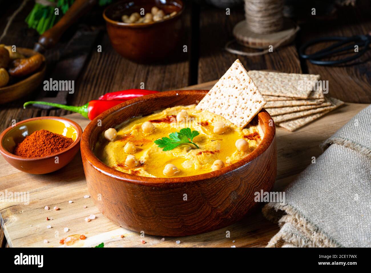 Delicious hummus paste with lemon and chilli Stock Photo - Alamy