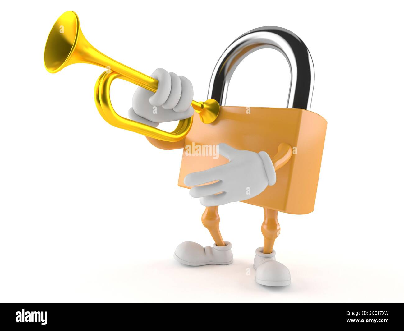 Padlock character playing the trumpet isolated on white background ...