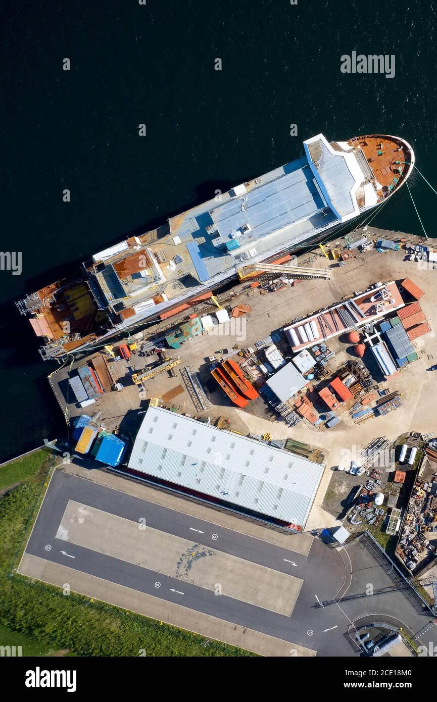 Shipbuilding construction ship aerial view at shipyard harbour with ...
