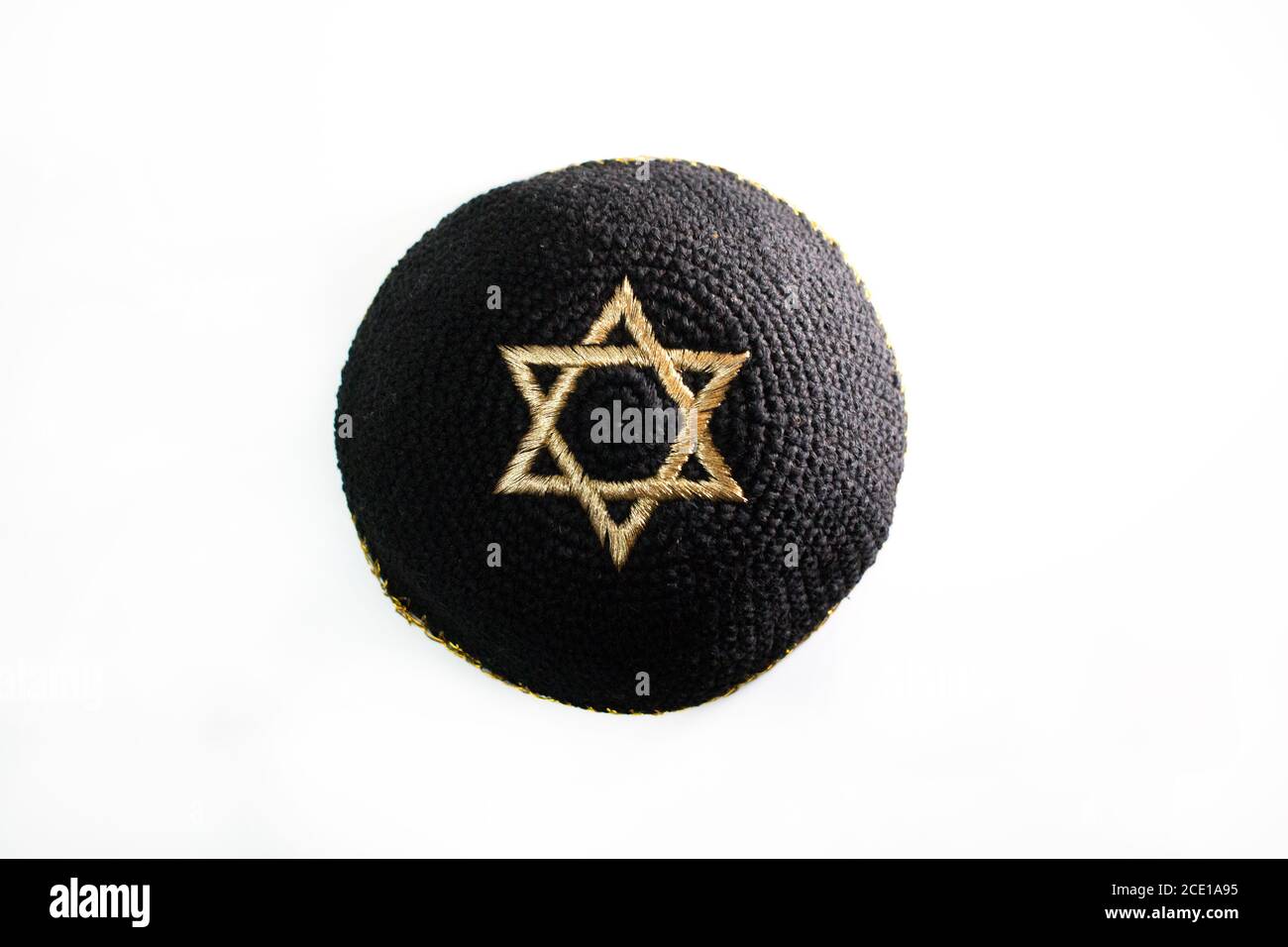 Israeli black kippah with a david star on it from top view with a white ...