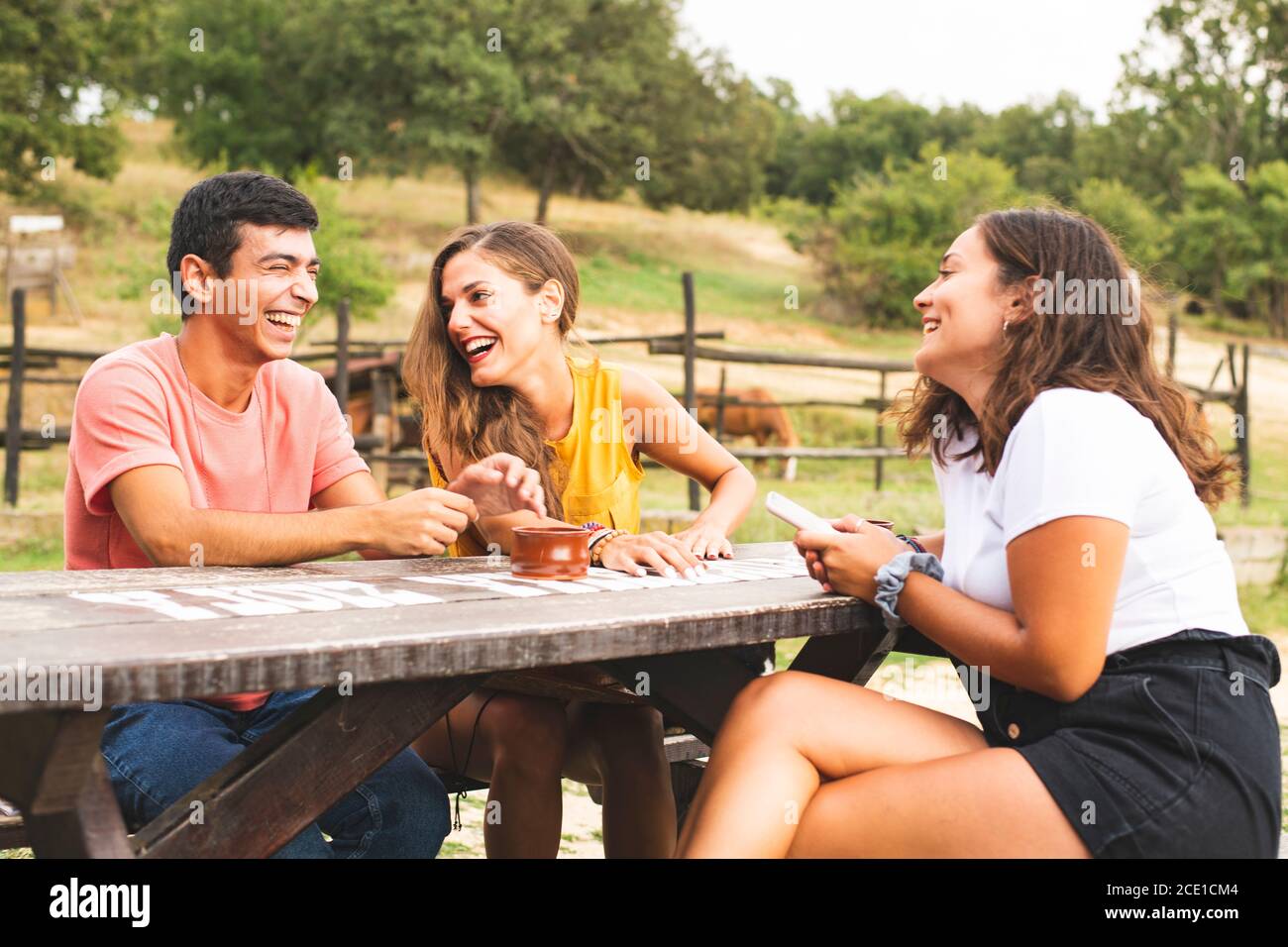 Friends Having Fun and Laughing Outside in a Ranch With Horses and Pony ...
