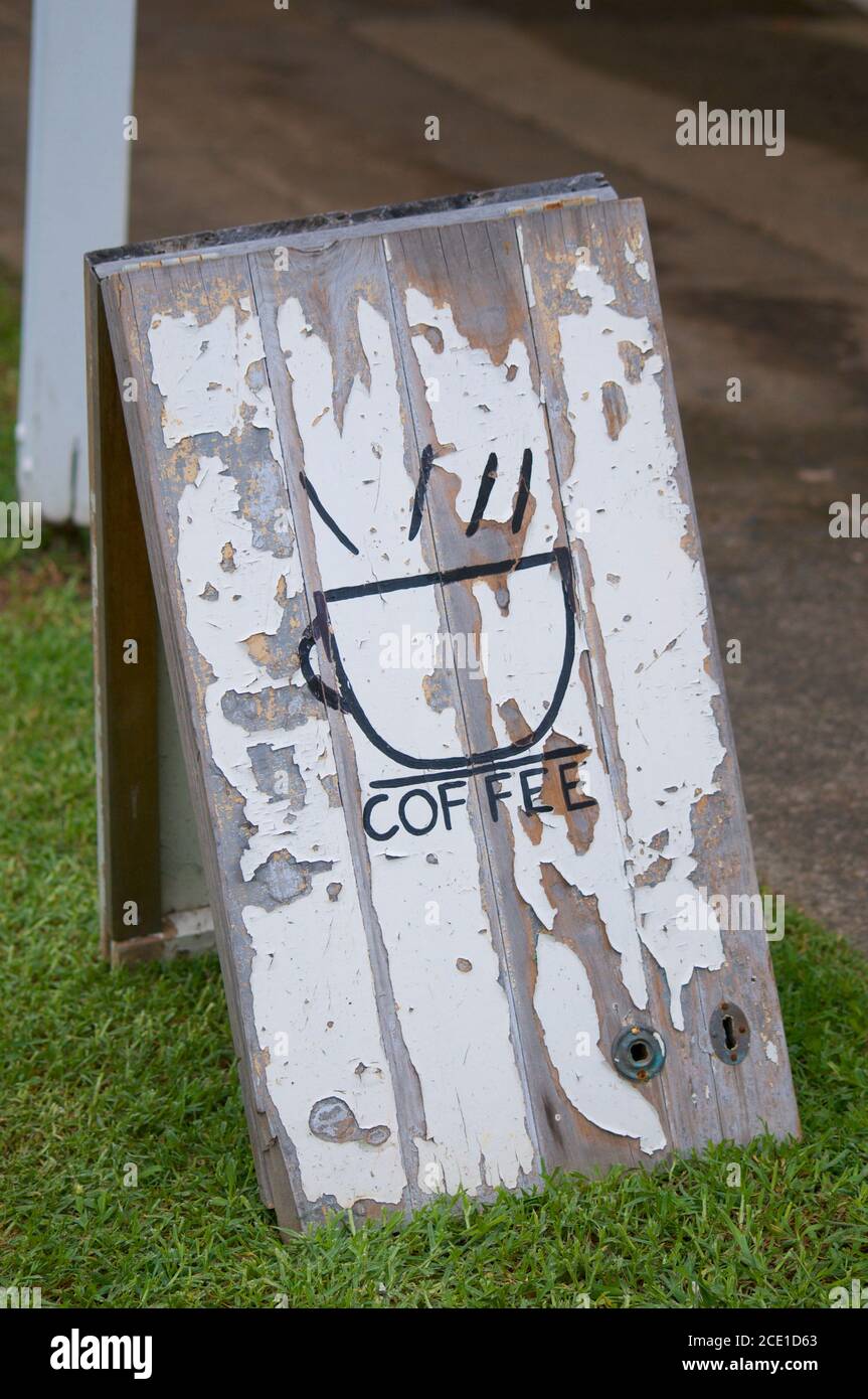 A weathered wooden Coffee sign outside a Bar in Bangalow, Australia ...