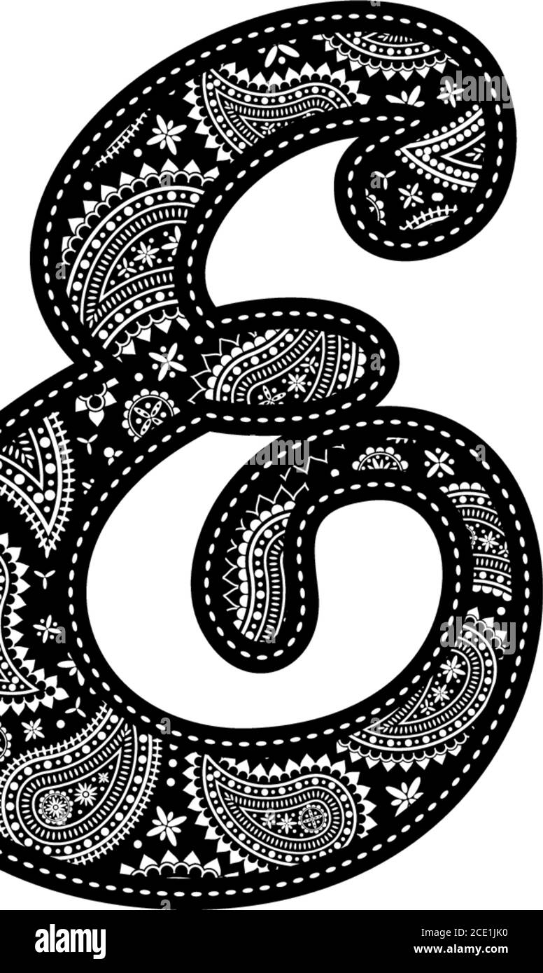 capital letter E with paisley pattern design. Embroidery style in black ...