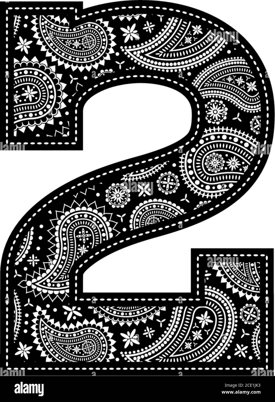 number 2 with paisley pattern design. Embroidery style in black color ...
