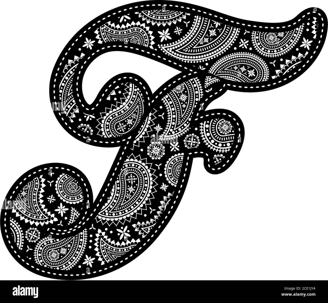 capital letter F with paisley pattern design. Embroidery style in black ...