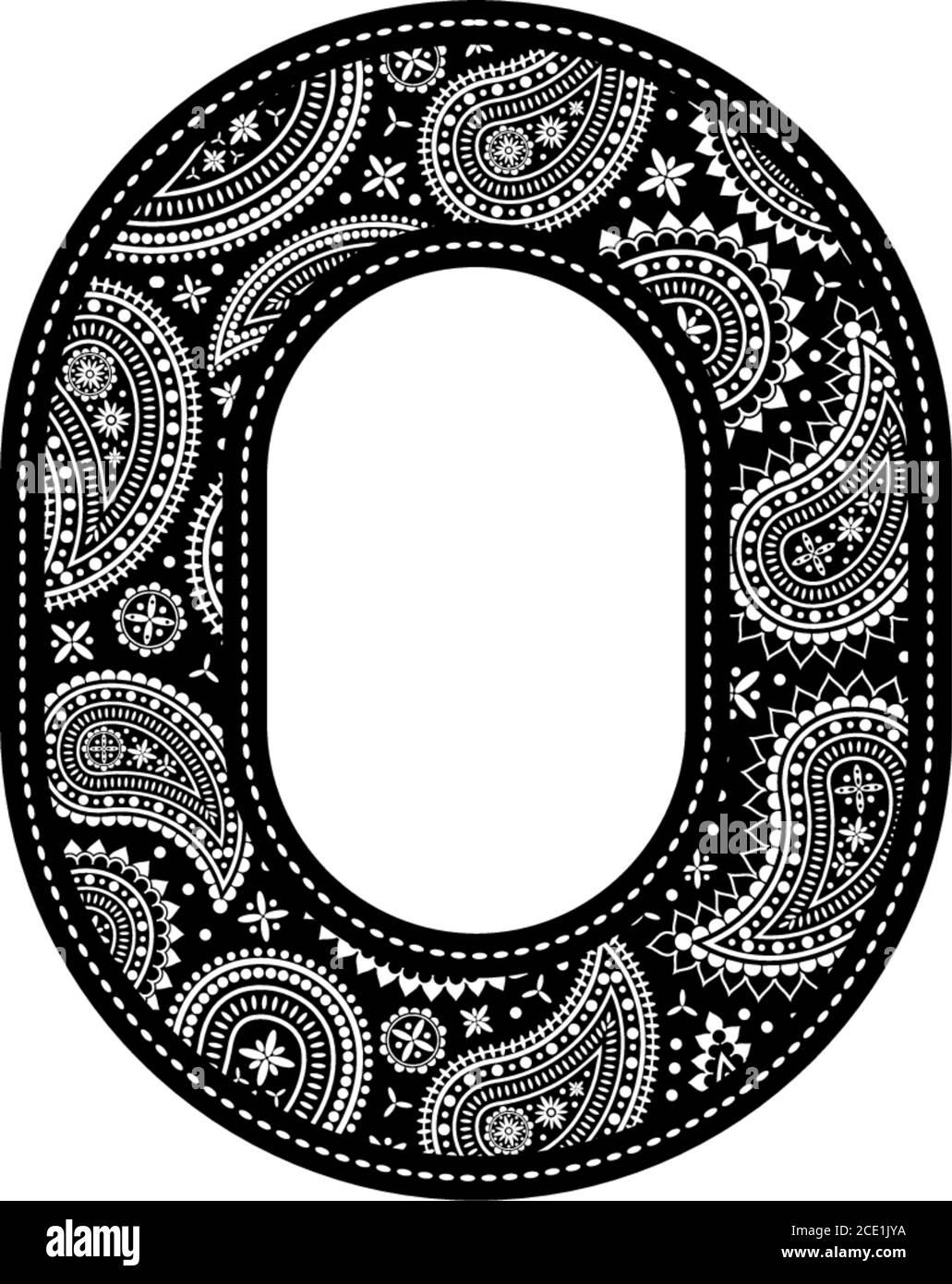 number 0 with paisley pattern design. Embroidery style in black color ...
