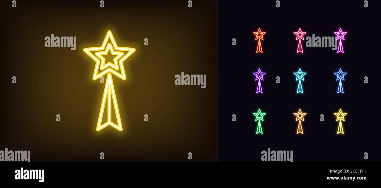 Neon awards statuette icon. Glowing neon reward with star, trophy in ...