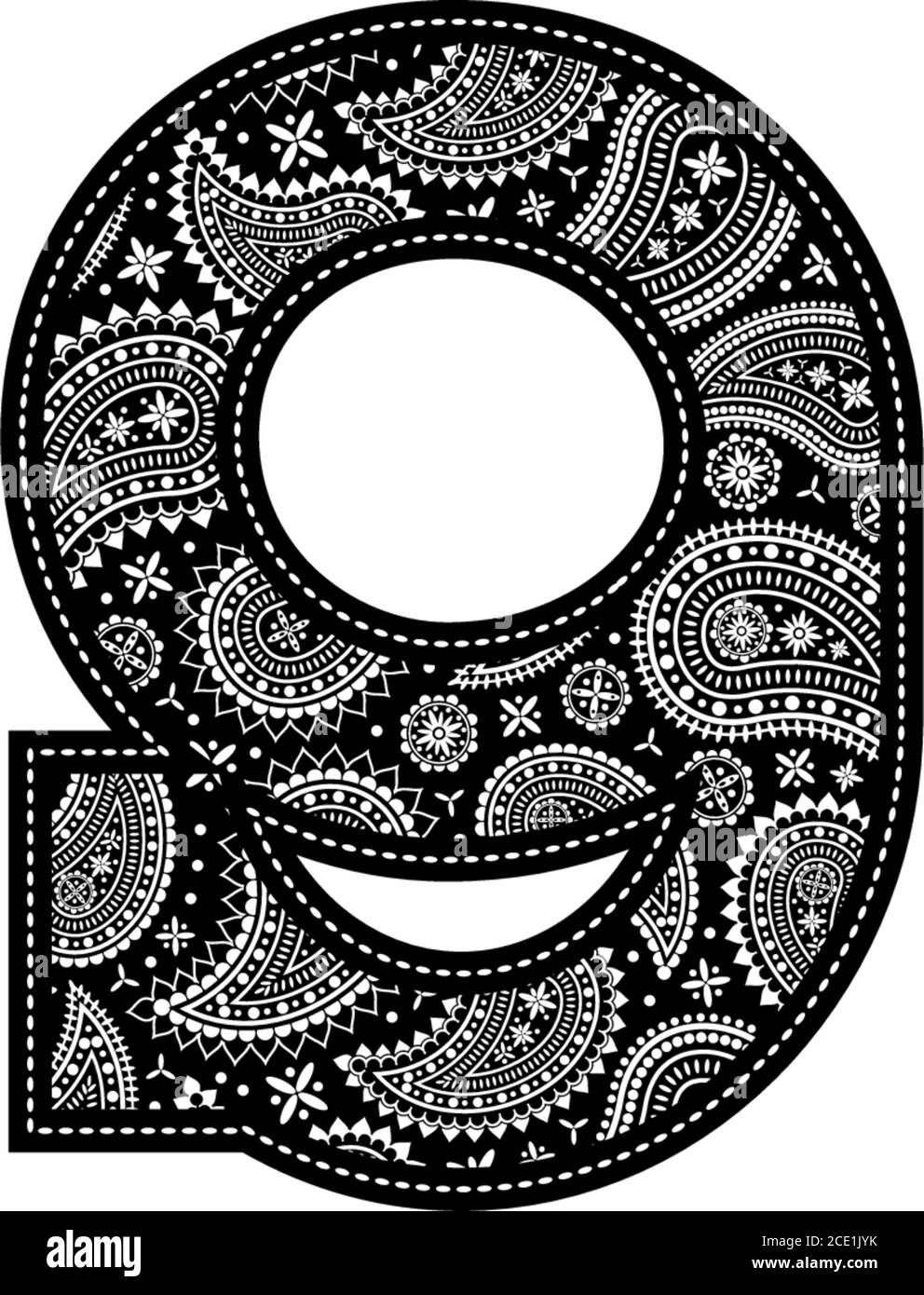number 9 with paisley pattern design. Embroidery style in black color ...