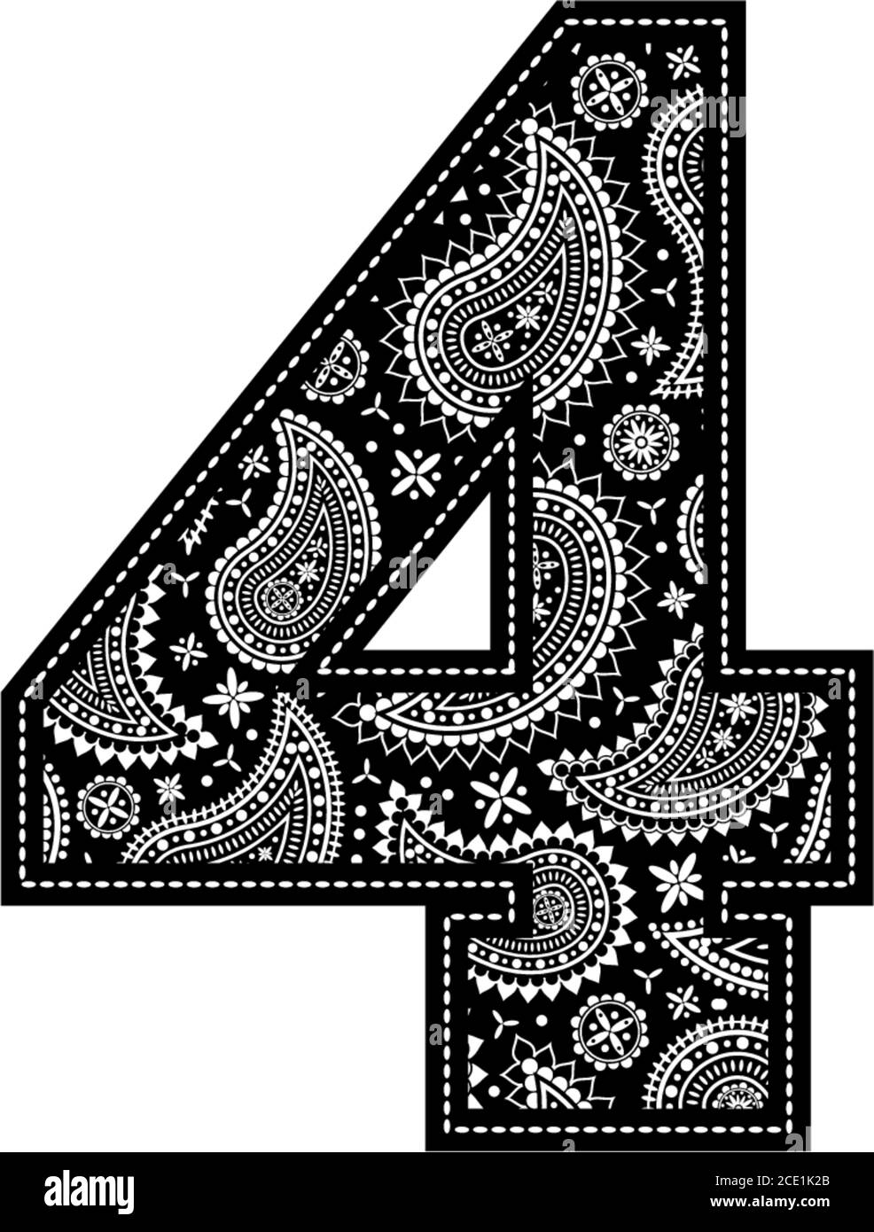 number 4 with paisley pattern design. Embroidery style in black color ...