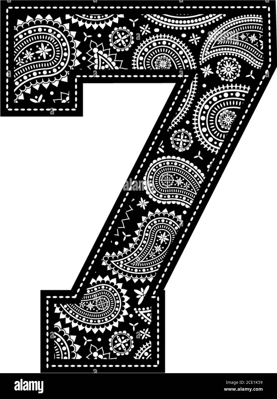 number 7 with paisley pattern design. Embroidery style in black color ...