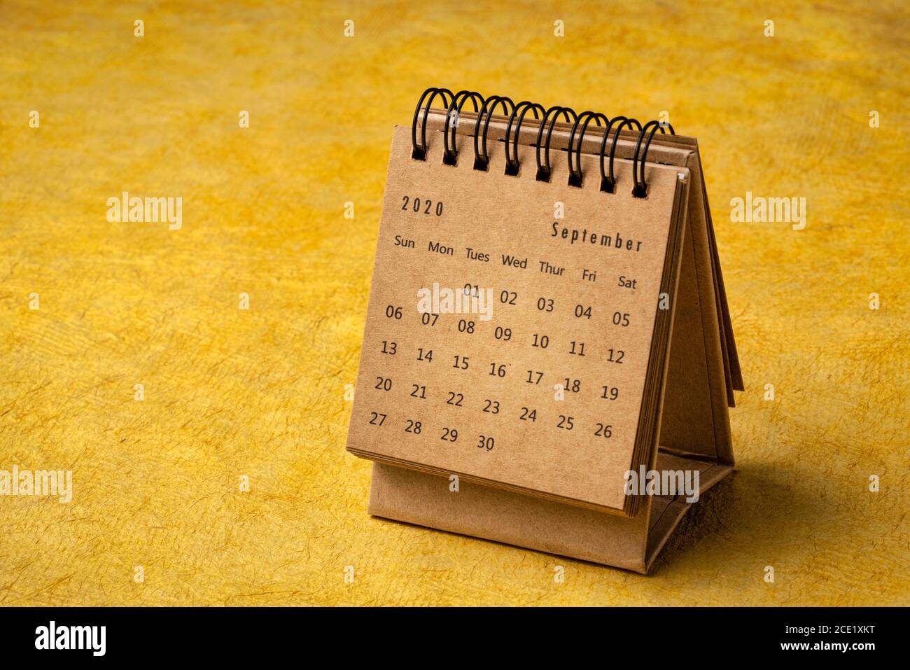 September 2020 - spiral desktop calendar on yellow handmade bark paper ...