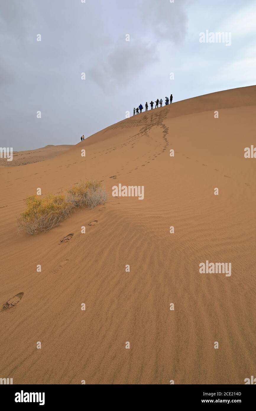 Tourists atop a moving sand dune-Badain Jaran Desert-Alxa Plateau-Inner ...