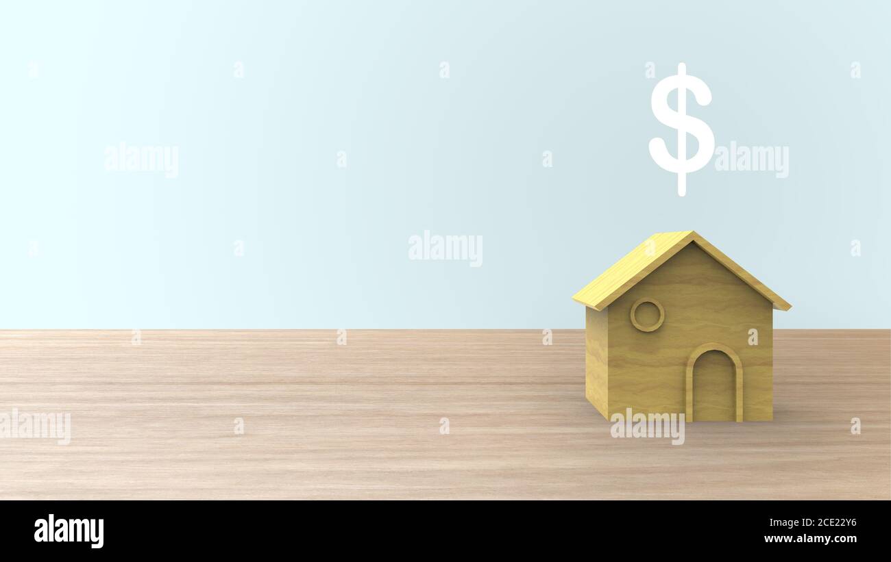Wooden 3d home shape with dollar symbol money mark on wood table and ...