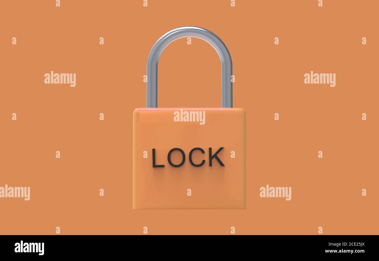 pad lock orange padlock with word "lock" on metal on a mustard ...