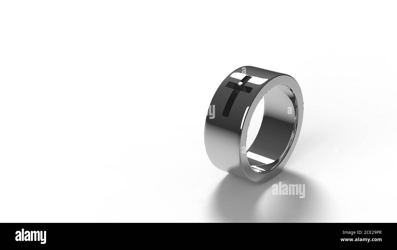 Simple classic light silver ring jewel with a gold yellow cross. with ...