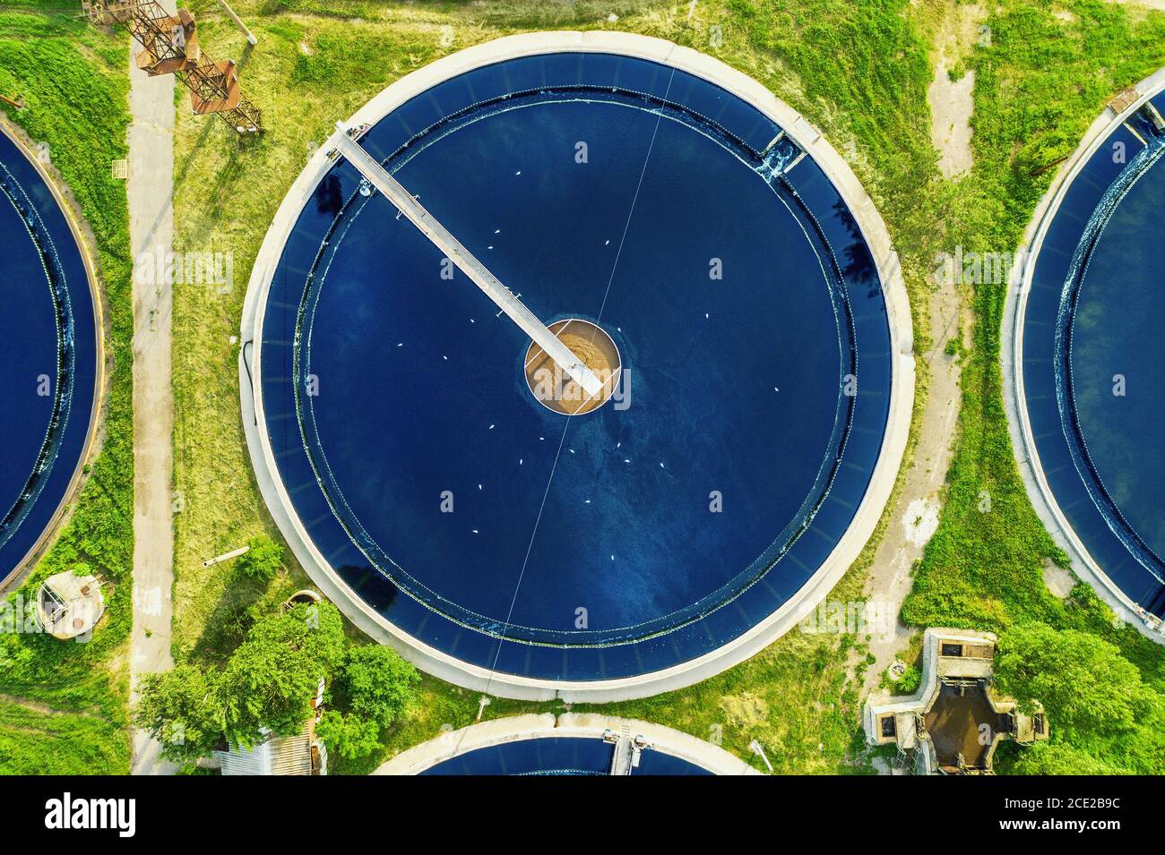 Aerial top view of sewage treatment plant. Water treatment in round ...