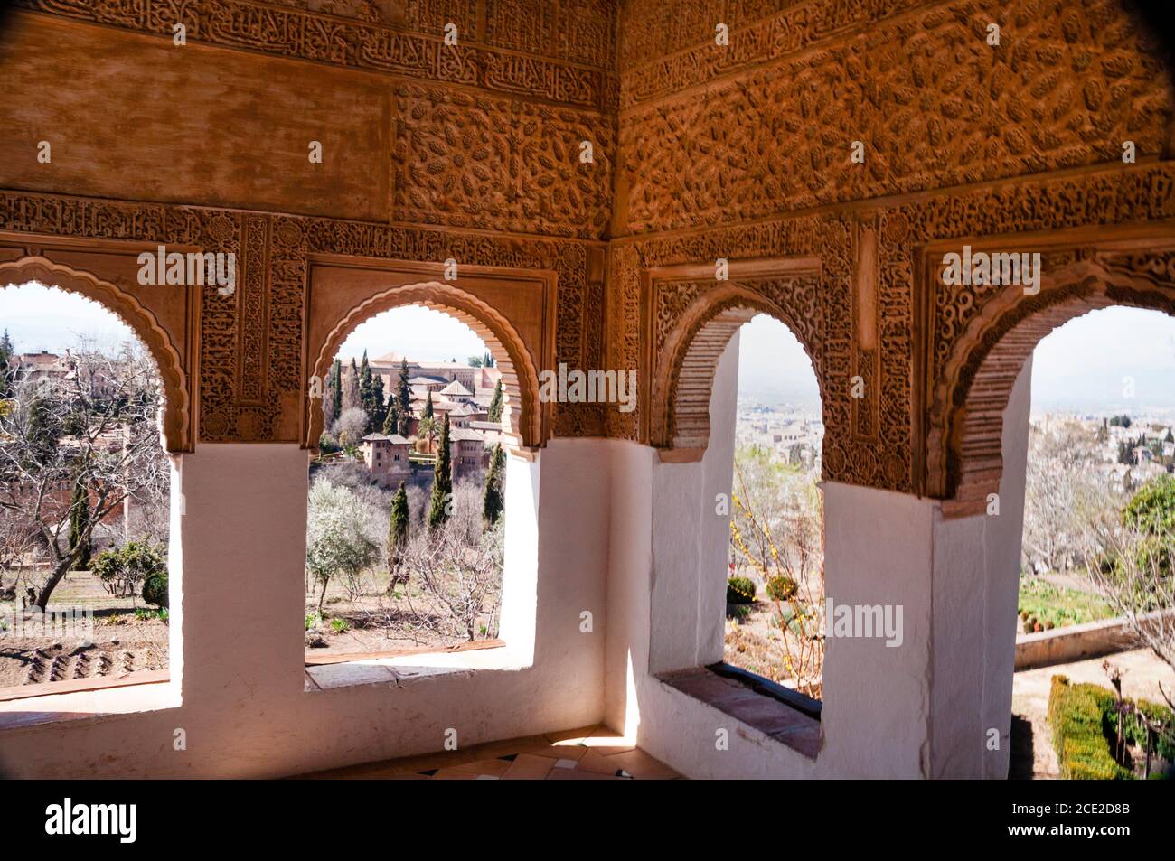 Generalife gallery windows of Moorish architectural details overlook ...