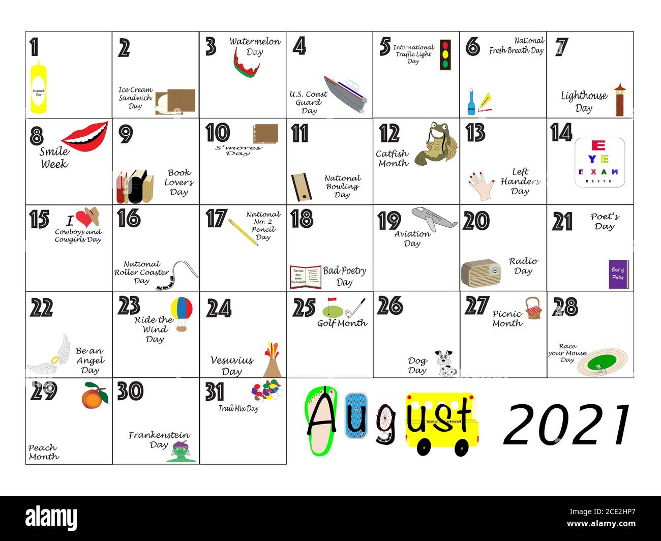 August monthly calendar illustrated and annotated with daily Quirky ...