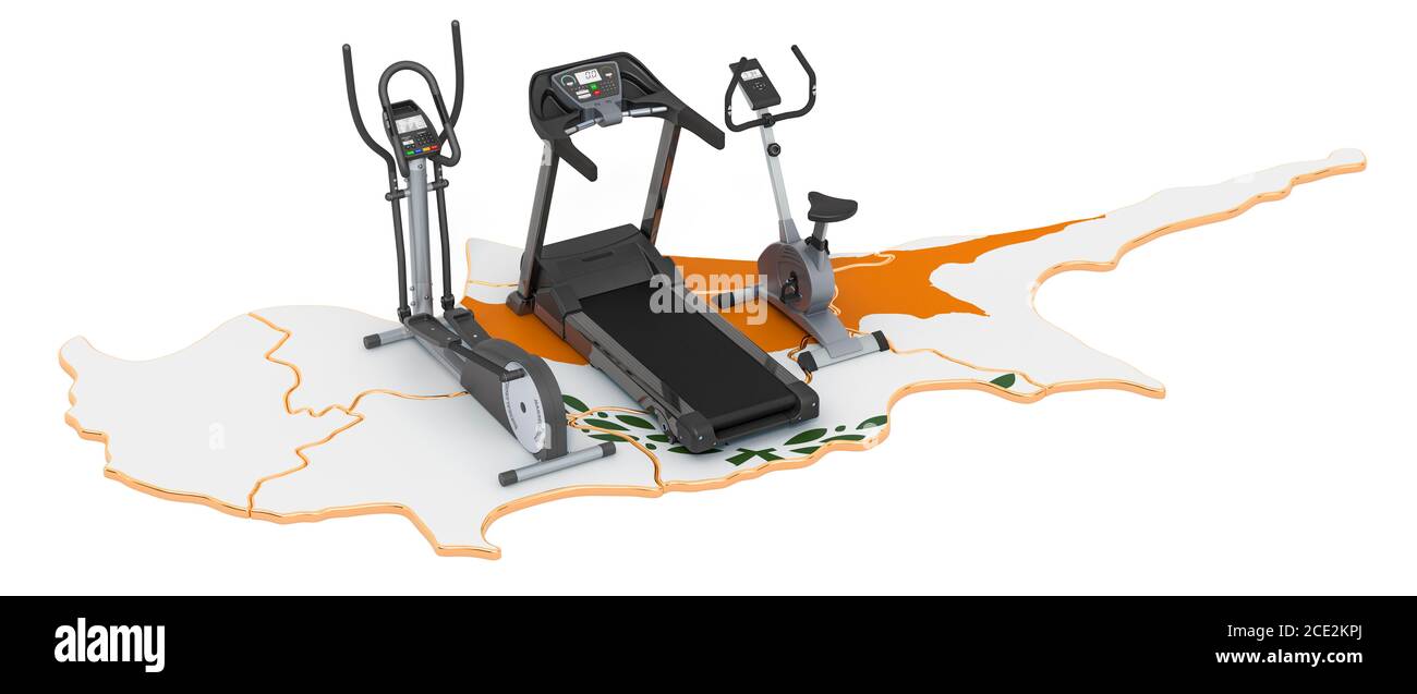 Sport clubs in Cyprus. Fitness, exercise equipments on Cyprus map. 3D ...