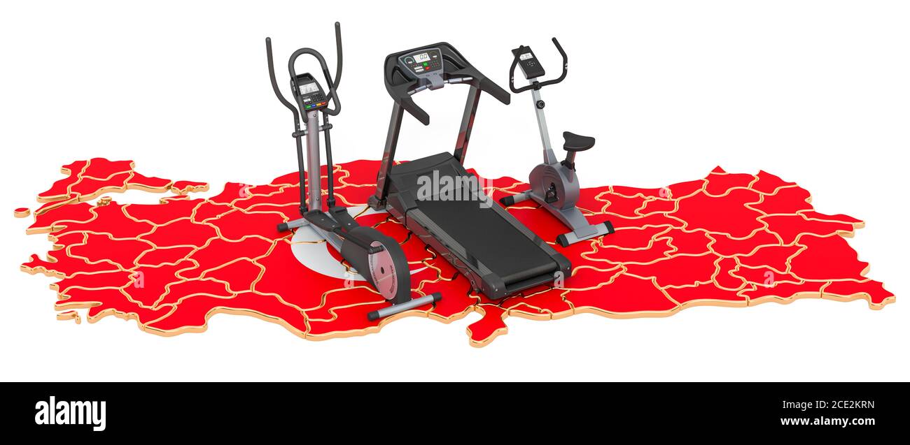 Sport clubs in Turkey. Fitness, exercise equipments on Turkish map. 3D ...