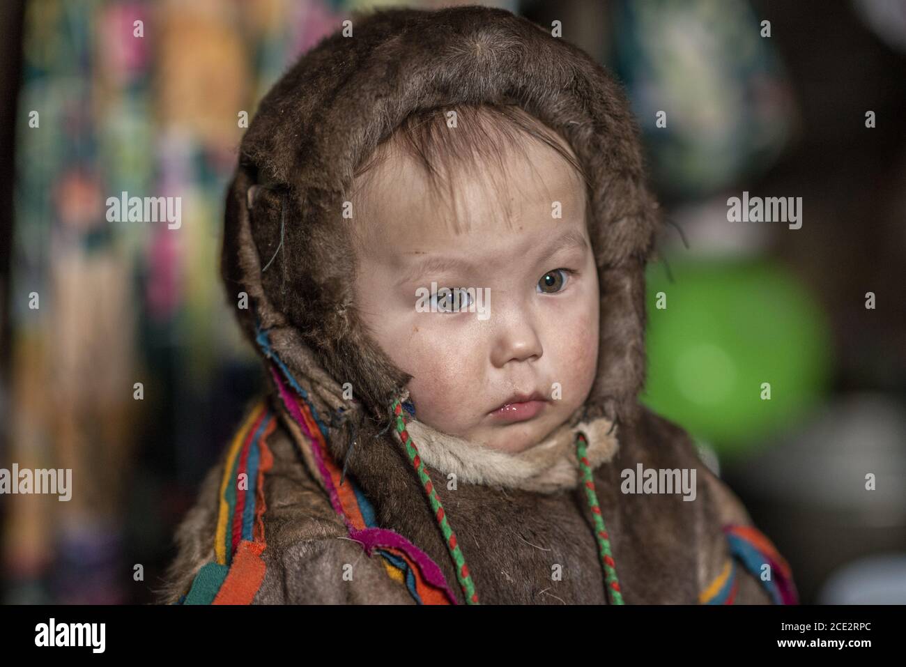 Portrait of a 2 years old Nenet child with traditional wear inside a ...
