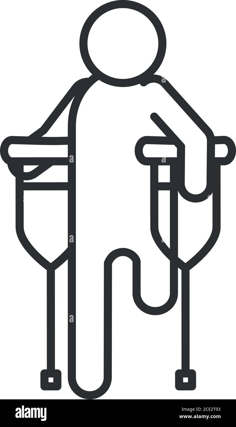 disabled amputee with crutches, world disability day, linear icon ...