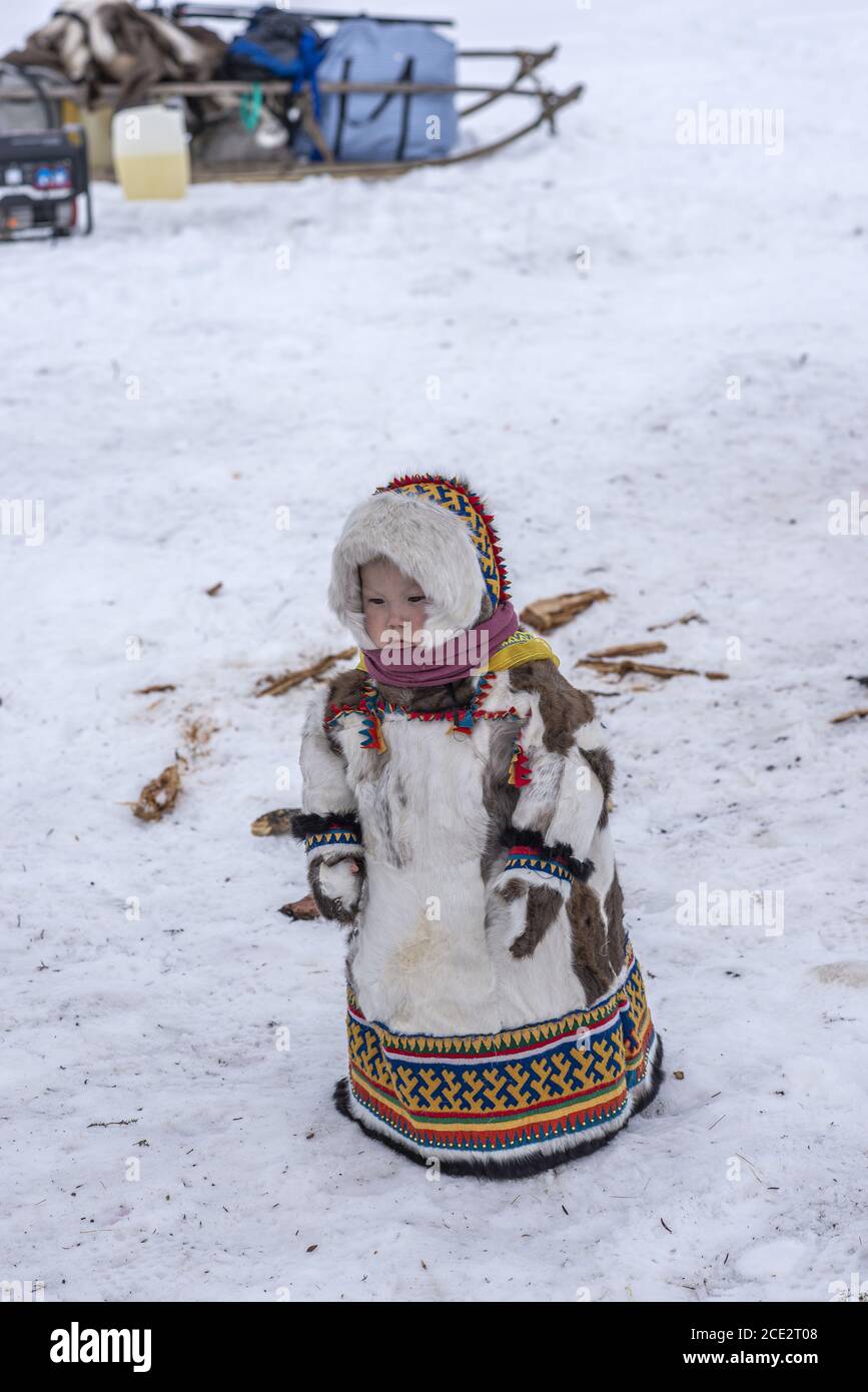 A 2 years old Nenet child with traditional wear in the snow, Yamalo ...