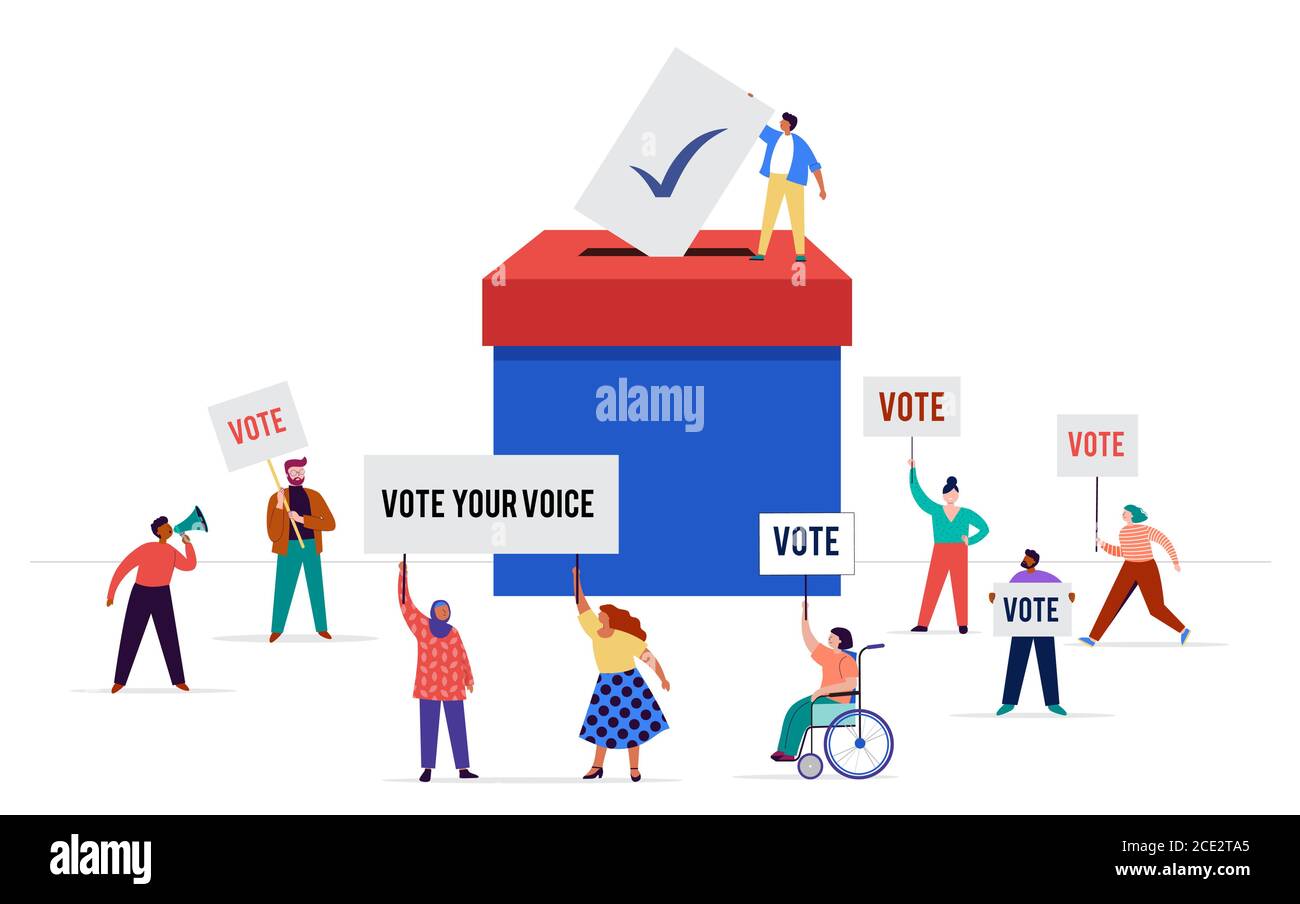 Group of people, walking with flags to elections. Crowd of women and ...