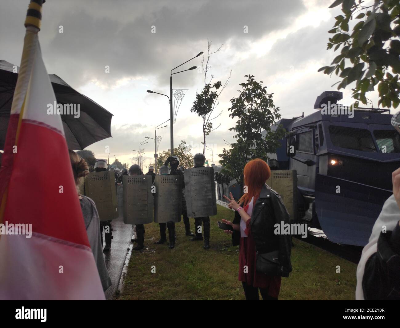 Minsk / Belarus - August 30 2020: Young ginger protester girl is ...