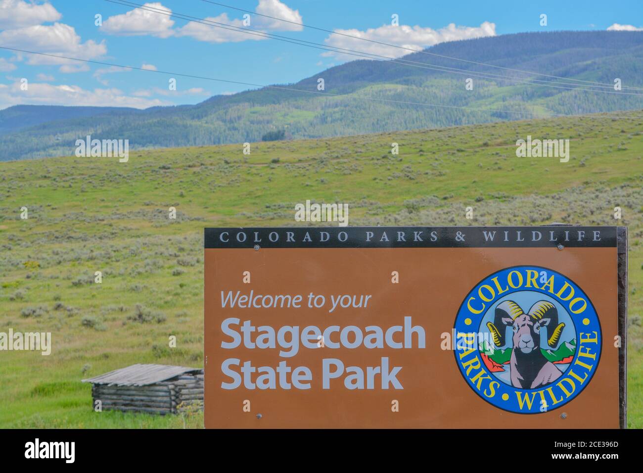The Stagecoach State Park sign is in the wilderness of Colorado in the ...