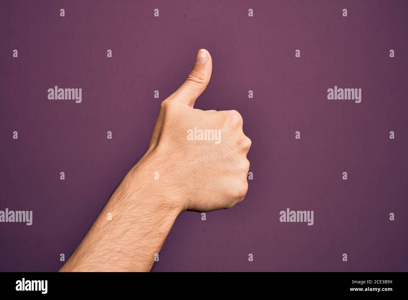 Hand of caucasian young man showing fingers over isolated purple ...