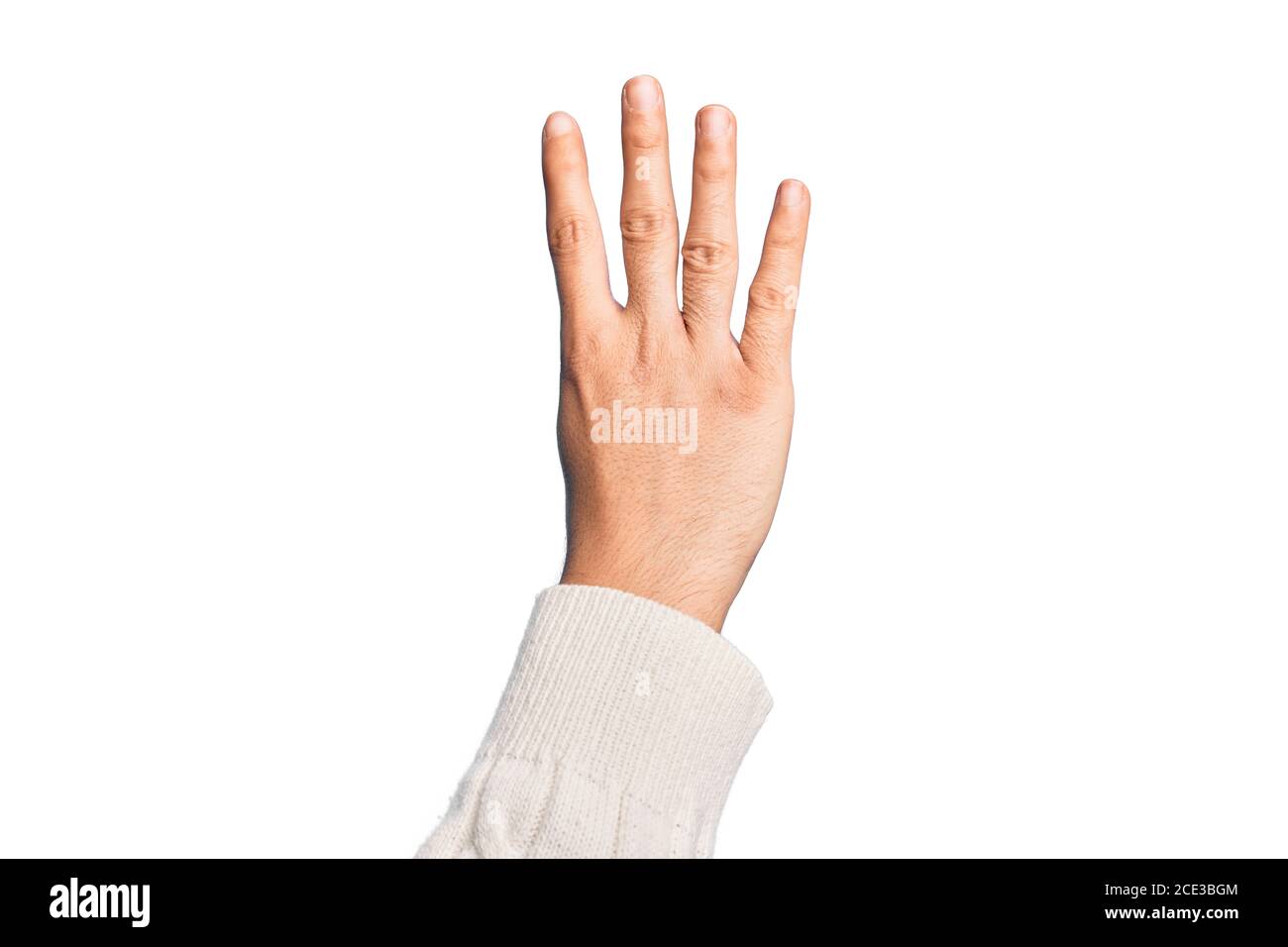 Hand of caucasian young man showing fingers over isolated white background counting number 4 ...